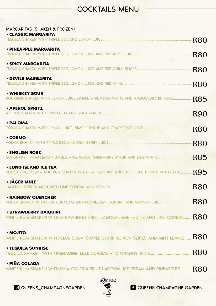 Cocktails Menu | Queens Hotel - Kimberley - Queens Champagne Garden Menu