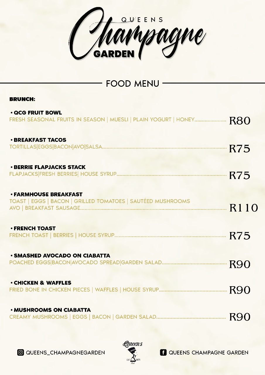 FOOD MENU - Queens Champagne Garden in Kimberley